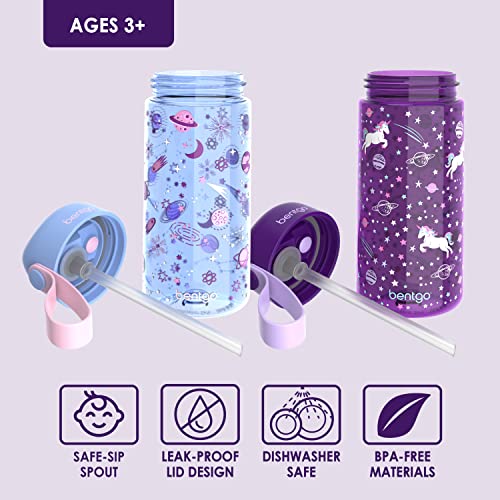 Bentgo® Kids Water Bottle 2-Pack - New & Improved 2023 Set With 2-Pack of Water Bottle Replacement Straws (Unicorn/Lavender Galaxy)
