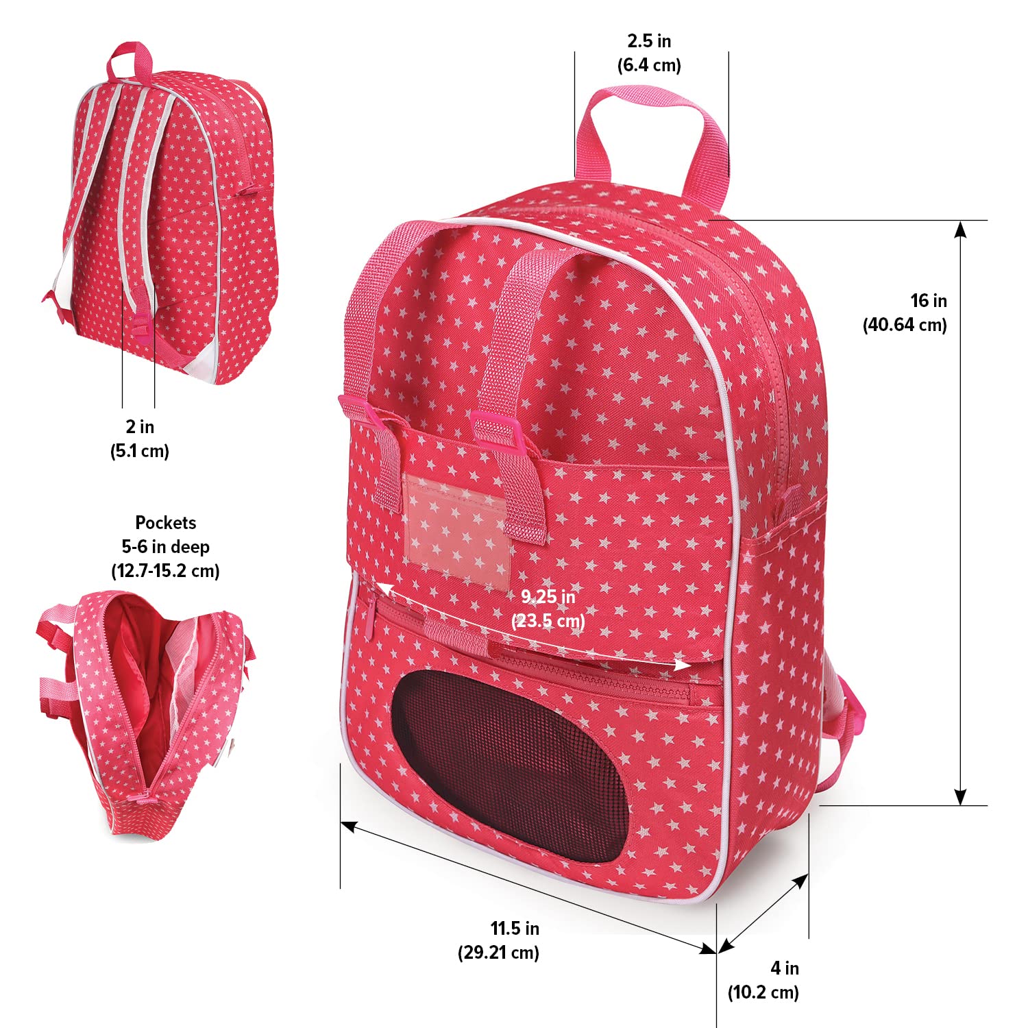 Badger Basket Delightful Doll Travel Backpack with Plush Friend Compartment – Perfect for 18-Inch Dolls with Stylish Pink Star Design
