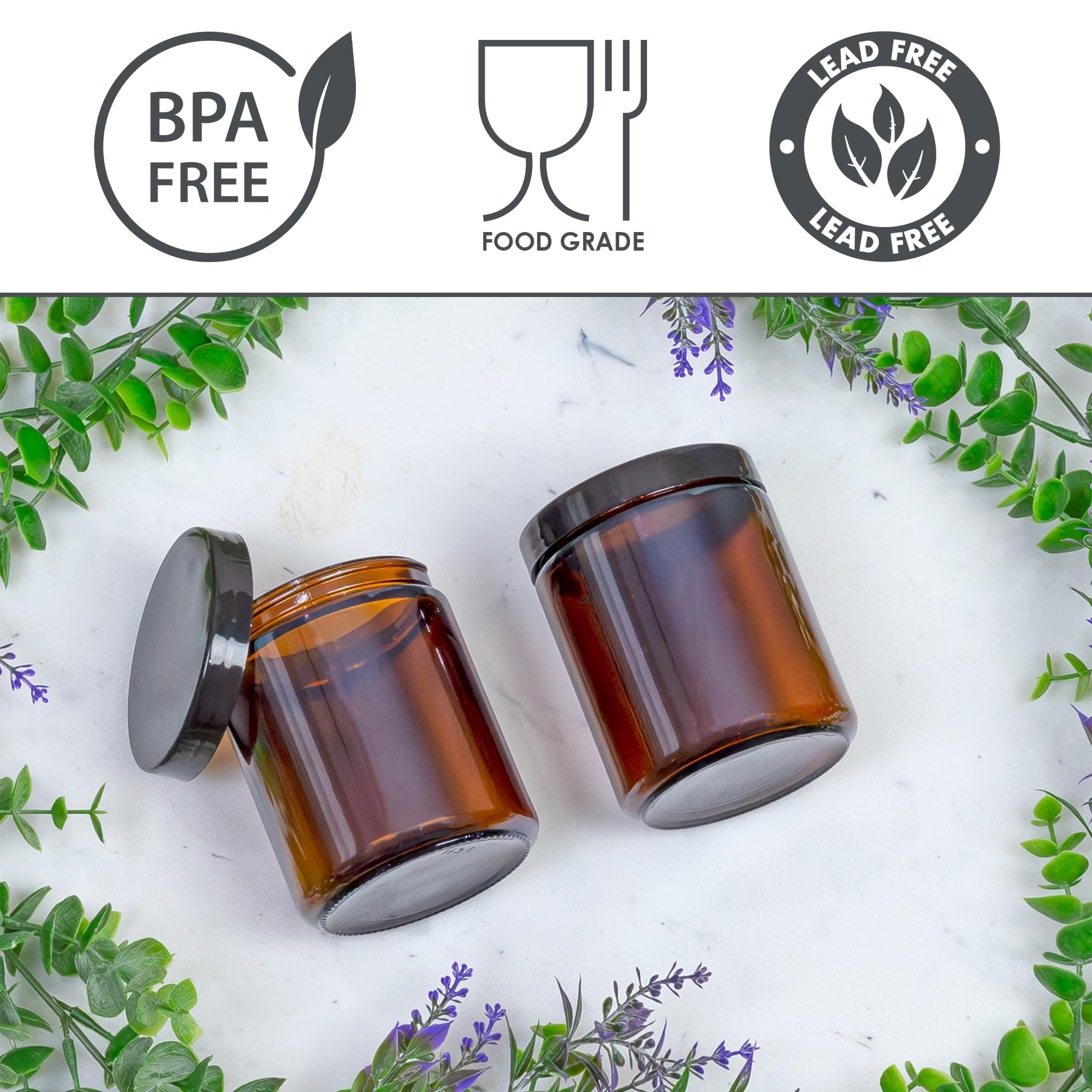 Cornucopia 8oz / 9oz Amber Glass Jars (6-Pack); Straight Sided Cosmetic Jars, Great for Body Butter, Creams, Stash Jars, Etc.