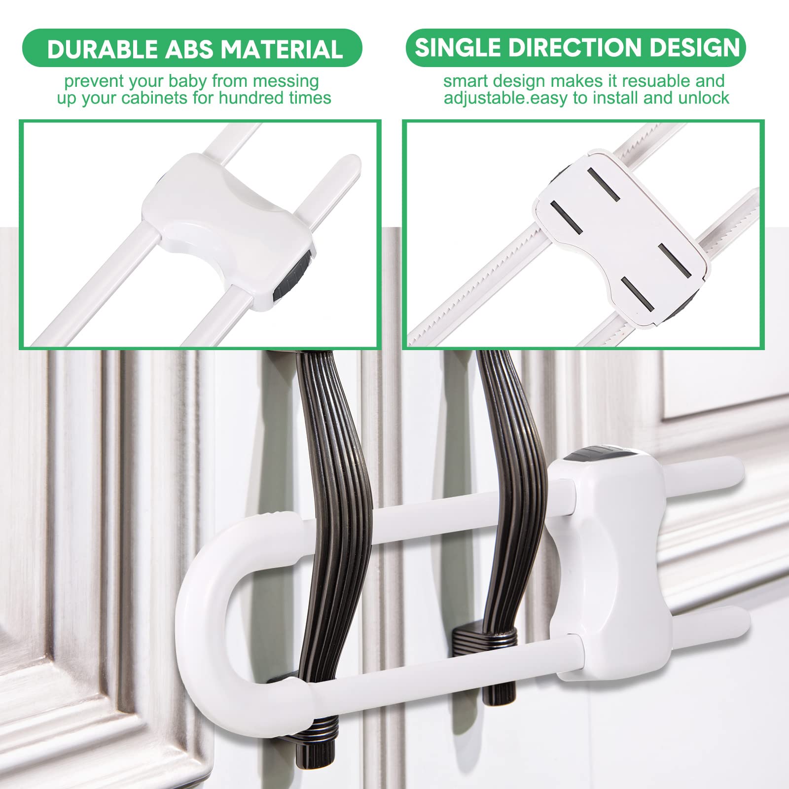 60 Pieces Child Locks Baby Proofing Cabinets Locks Adjustable Safety U Shaped Child Proof Cabinet Latches Locks for Knob Handle Kitchen Storage Door Cupboard Closet Dresser, White