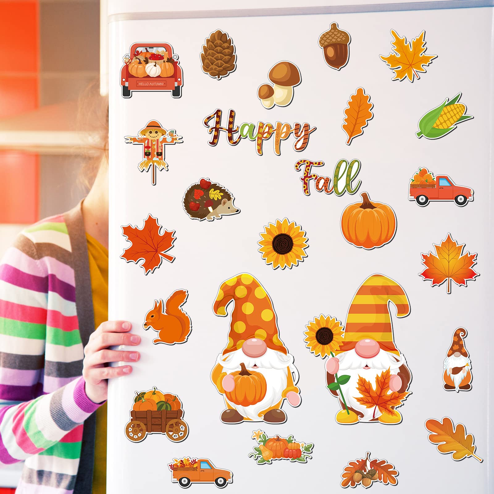 25 Pieces Happy Fall Magnets Gnome Pumpkin Fridge Magnets Fall Theme Car Refrigerator Decals Holidays Magnetic Stickers Autumn Leaves Acorn Harvest Decoration Fall Theme Thanksgiving Decoration