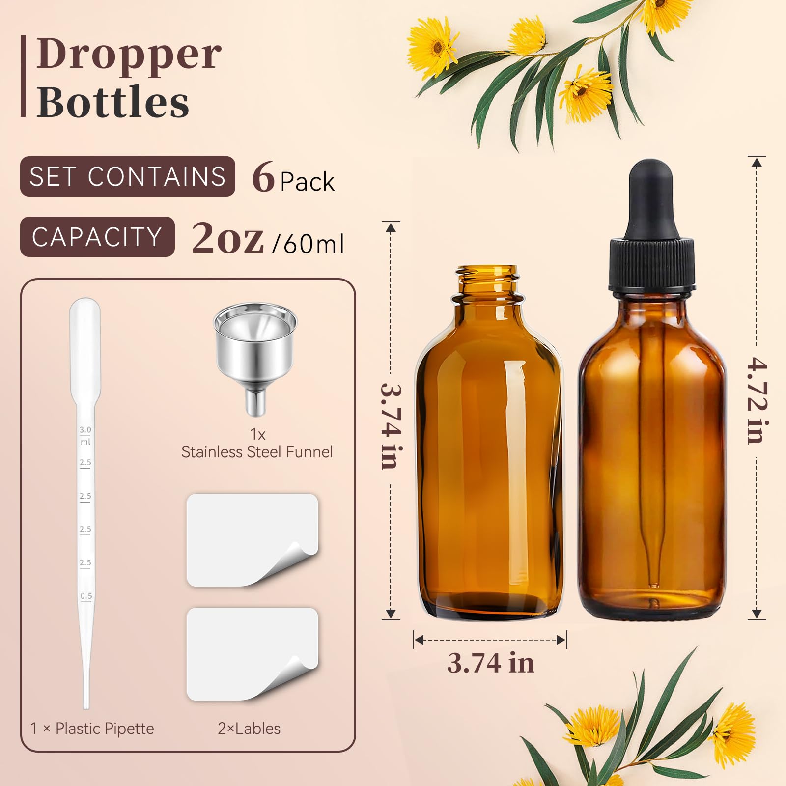 6Pcs 2 oz Dark Amber Dropper Bottles, 60ml Glass Tincture Bottles with Dropper, 1 Funnels, 2 Nozzles, 1 Long Plastic Dropper, 2 Bottle Caps, 2 Labels, Eye Dropper Bottle for Liquids, Essential Oils