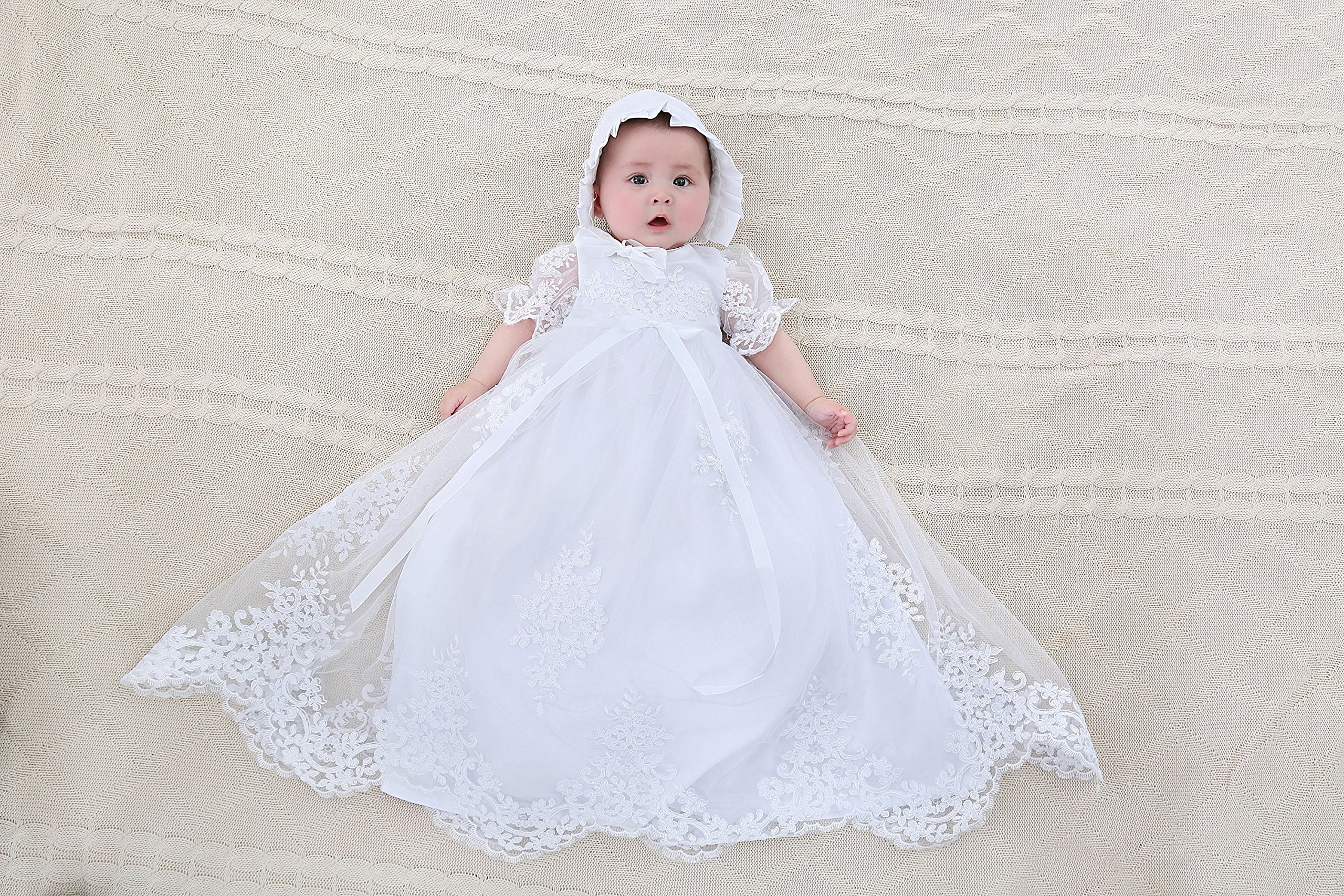 NIMBLE Baby Girls Baptism Delicate Embroideried Gown with Bonnet for 0-12 Months