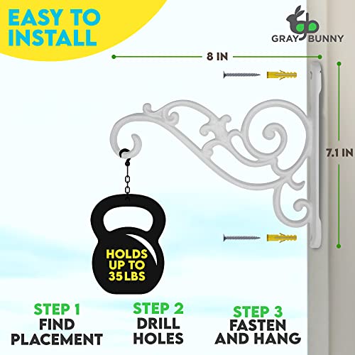 Gray Bunny Outdoor Plant Hanger Hook, 8” Large Victorian Heavy Duty Iron Wall Hooks for Bird Feeders, Lanterns, Wind Chimes, Patio Decor - White
