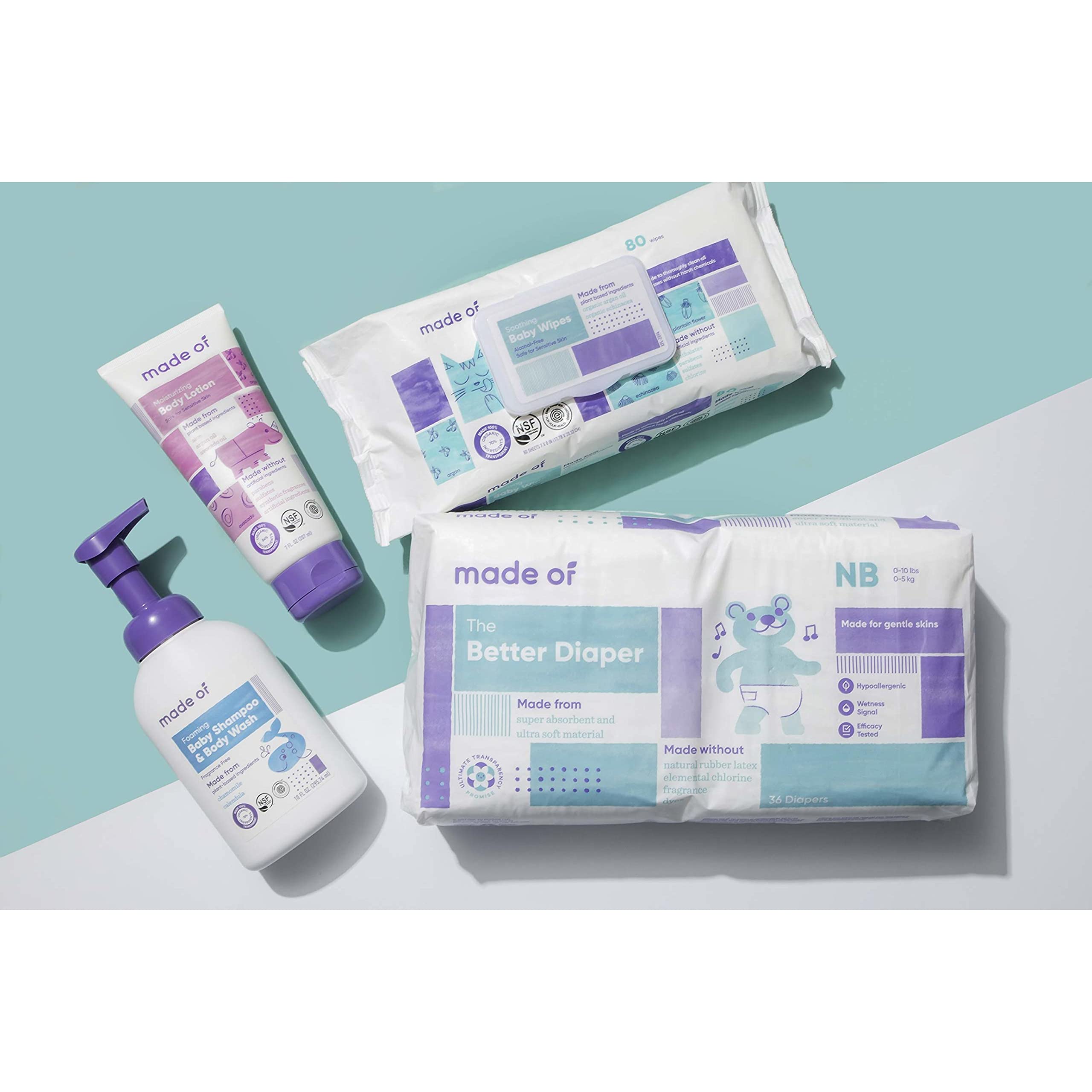 MADE OF The Better Baby Diapers - Hypoallergenic Diapers for Sensitive Skin, Unscented, 10 Hour Absorbency - Pediatrician and Dermatologist Tested - Size 6 (84 Count)