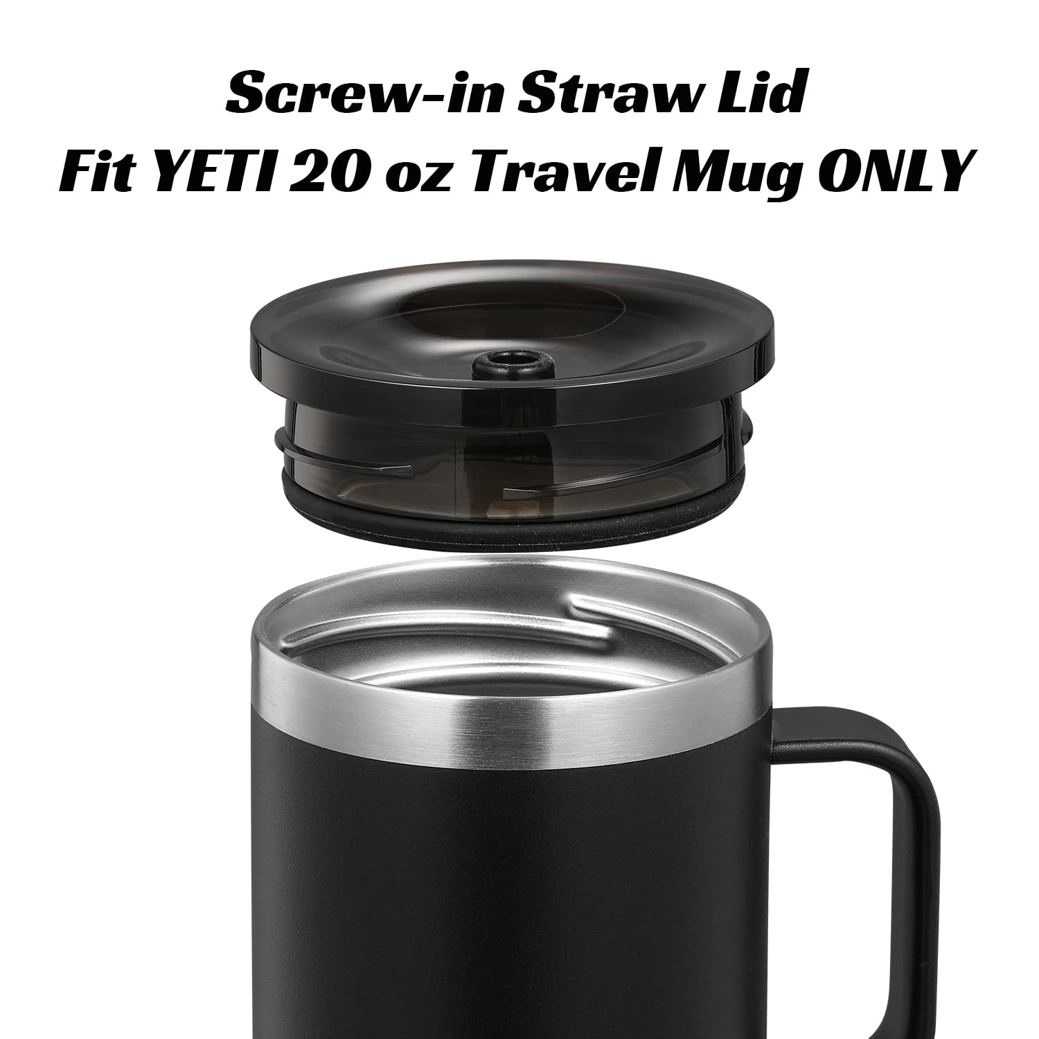 2pack Screw-on Straw Lid, Fit YETI Stronghold Travel Mug ONLY (Black+Clear, 20 oz)