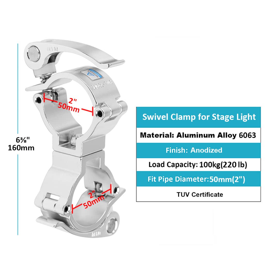 2 inch Dual Swivel Clamp Truss Coupler DJ Light Mount Hook 360 Degree Stage Lighting Clamps Aluminum Alloy 220 LBs Swivel Jointed Wrap Around Clamp for Moving Head Par Light Spotlight (4 Pack)