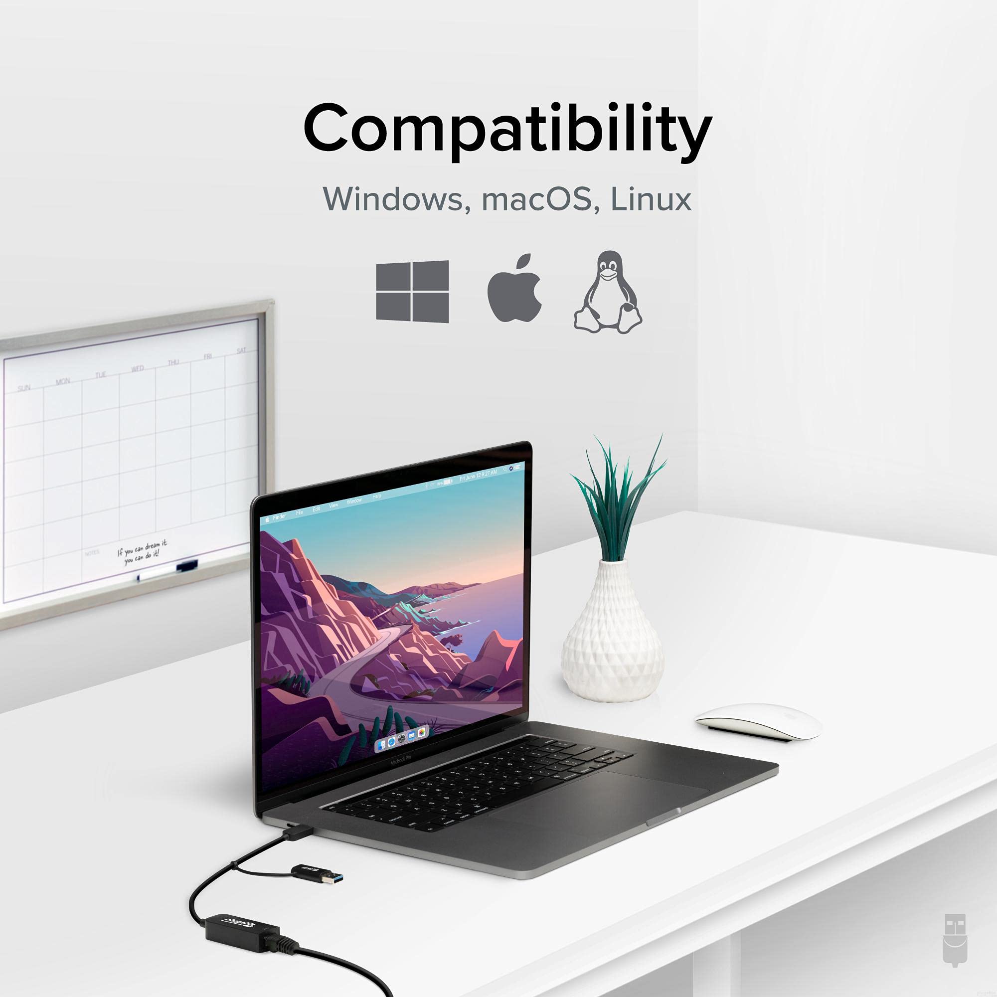 Plugable 2.5GB USB Ethernet Adapter for Laptop, 2-in-1 Cable, USB 2.5GB Ethernet Adapter, USB-C and USB Compaitble, USB-C to RJ45 2.5 Gigabit LAN Ethernet, Compatible with Mac and Windows