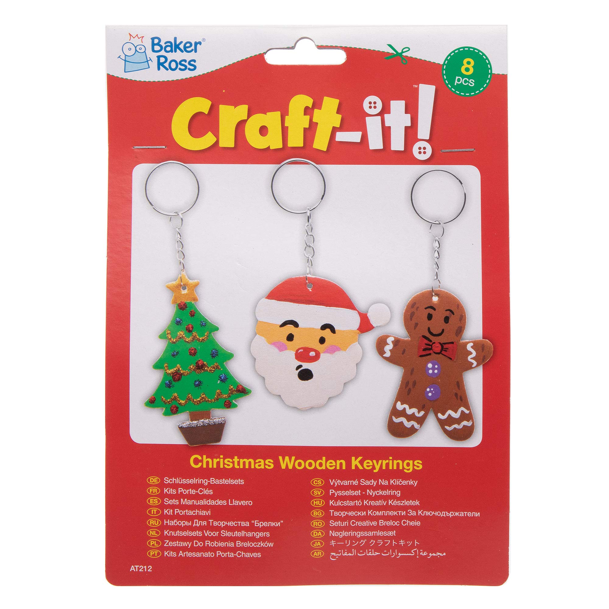 Baker Ross AT212 Christmas Wooden Keyrings Kits - Pack of 8, Festive Arts and Craft