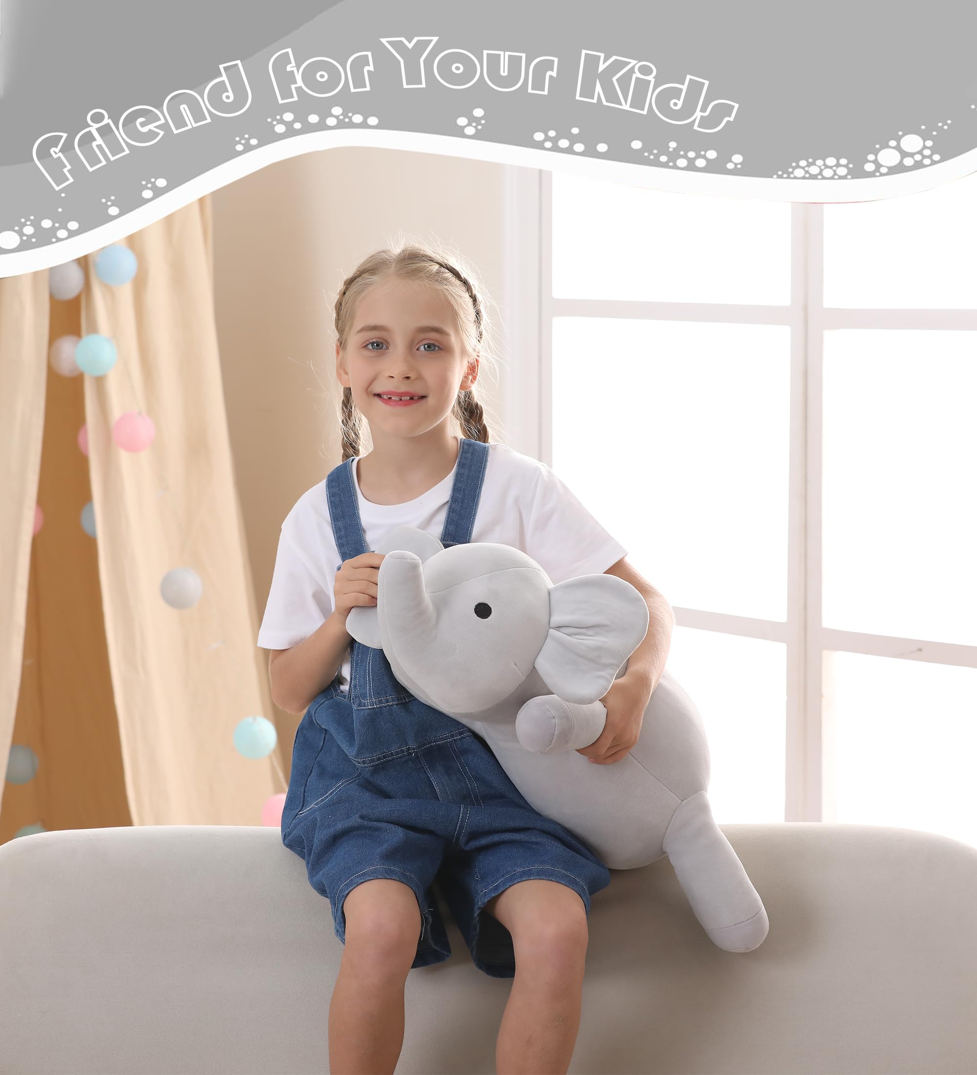Wepop Weighted Stuffed Animals, 24in Giant Weighted Elephant Plush Toys, 4.2lb Cute Soft Plushie Throw Pillows, Birthday for Kids (Gray)