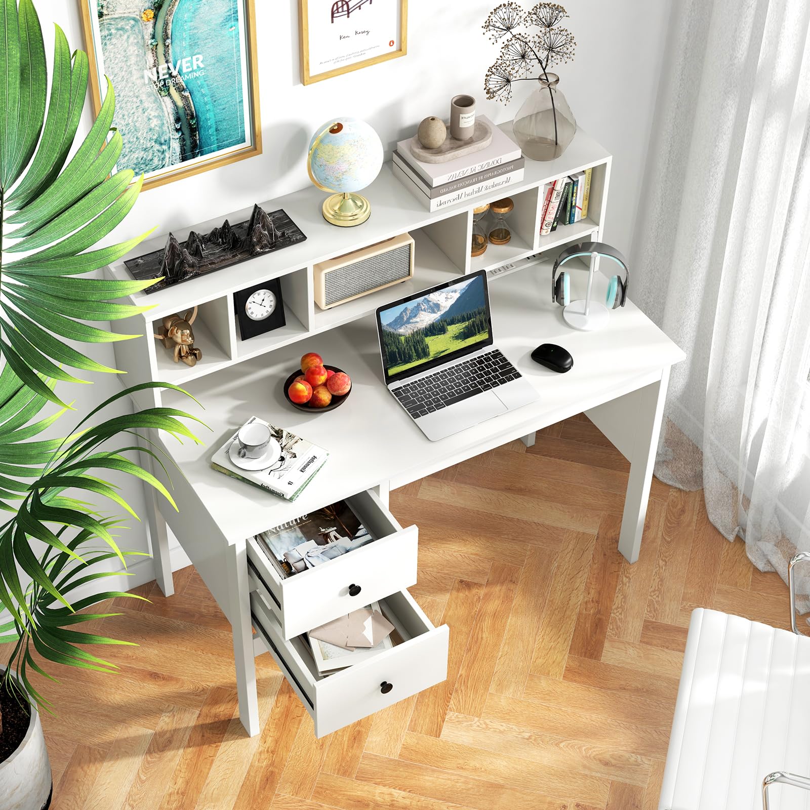 GLOBALWAY48β Computer Desk, Study Writing Desk with 5-Cube Hutch, 2 Drawers & Charging Station, Home Office Workstation for Living Room, Study & Bedroom, White
