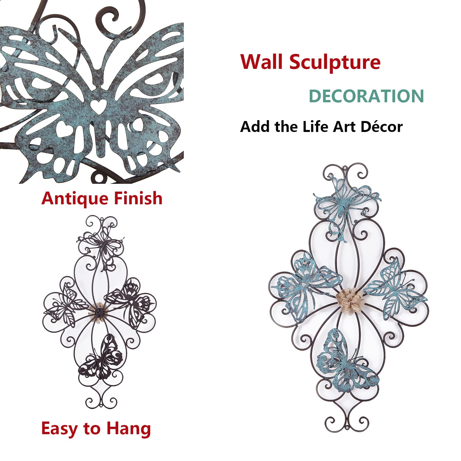 Adeco Metal Butterfly Scroll Wall Sculpture 26.5" Wall Art Decor Hang Indoor Outdoor for Home, Bedroom, Living Room, Office, Garden