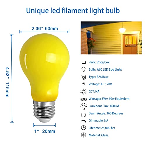2pack A19 Yellow Light Bulb,LED Light Bulbs Outdoor,Edison Bulb 5W Equivalent to 40W,Amber Bedroom Night Light Bulb, E26 Medium Base, Non-Dimmable for Home Hallway Porch Lights, Decorative Lamps