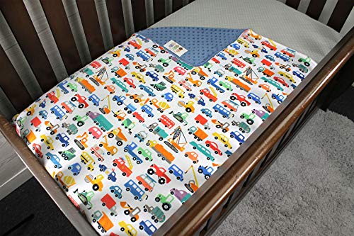 Top Tots Baby Blanket - City Cars and Trucks with Navy Blue Minky Dot