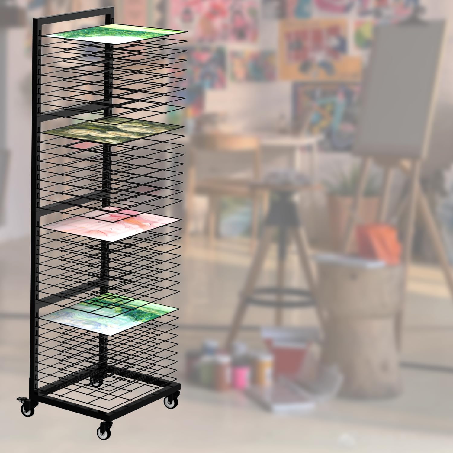 BERPET Art Drying Rack with Lockable Wheels, Painting Drying Rack with 36 Removable Shelves, Canvas Rack Art Storage for Classrooms, Art Studio, Art Clubs,13 3/4" D x 17 1/2" W x 55 1/2" H - Black