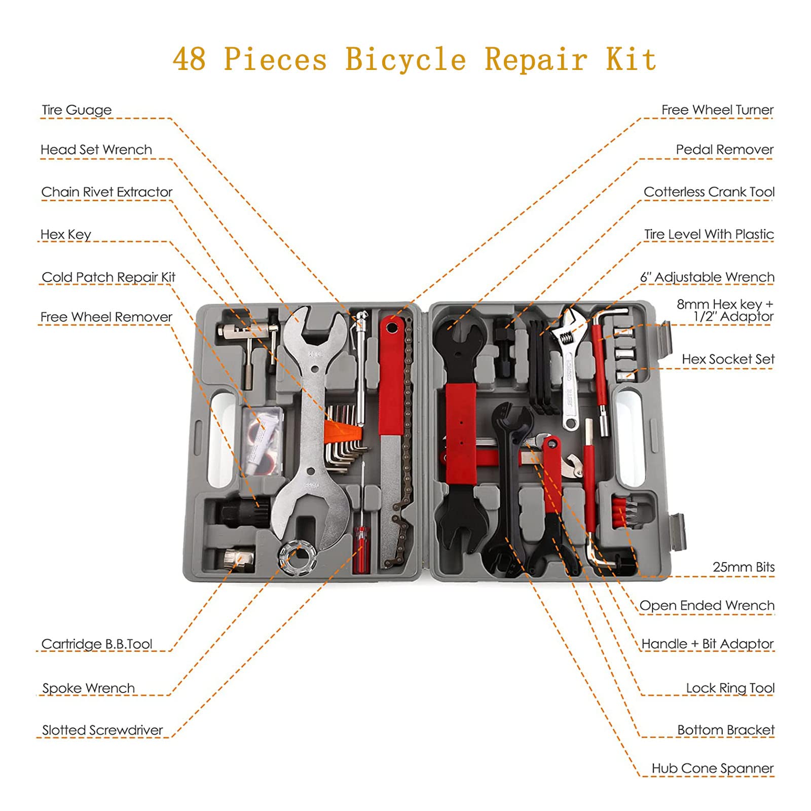 48 Pcs Tool Set, Bike Tool Kit, Bicycle Repair Kit Tool Box Set with Adjustable Open Wrench, Tire Lever, Socket, DIY Tools, Small Portable Hand Tool Kit for Mountain Road Bike Motorcycle Maintenance