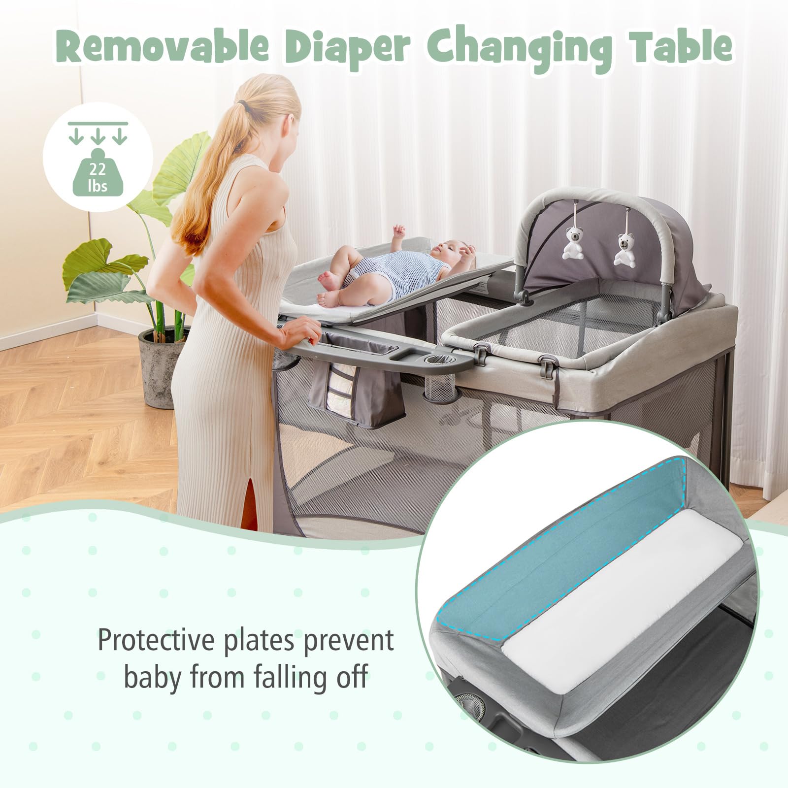 HONEY JOY Pack and Play with Bassinet, 4-in-1 Baby Playard with Changing Table & Removable Infant Full-Size Bassinet, Diaper Storage Basket & Music, Foldable Nursery Center w/Carry Bag (Gray)