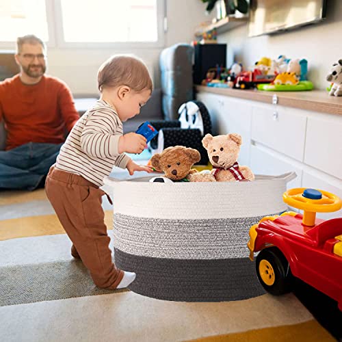 Blanket Basket for Living Room Large Cotton Rope Basket 21.7" x 21.7" x 13.8" Woven Laundry Basket Toy Storage Bins White Grey Black