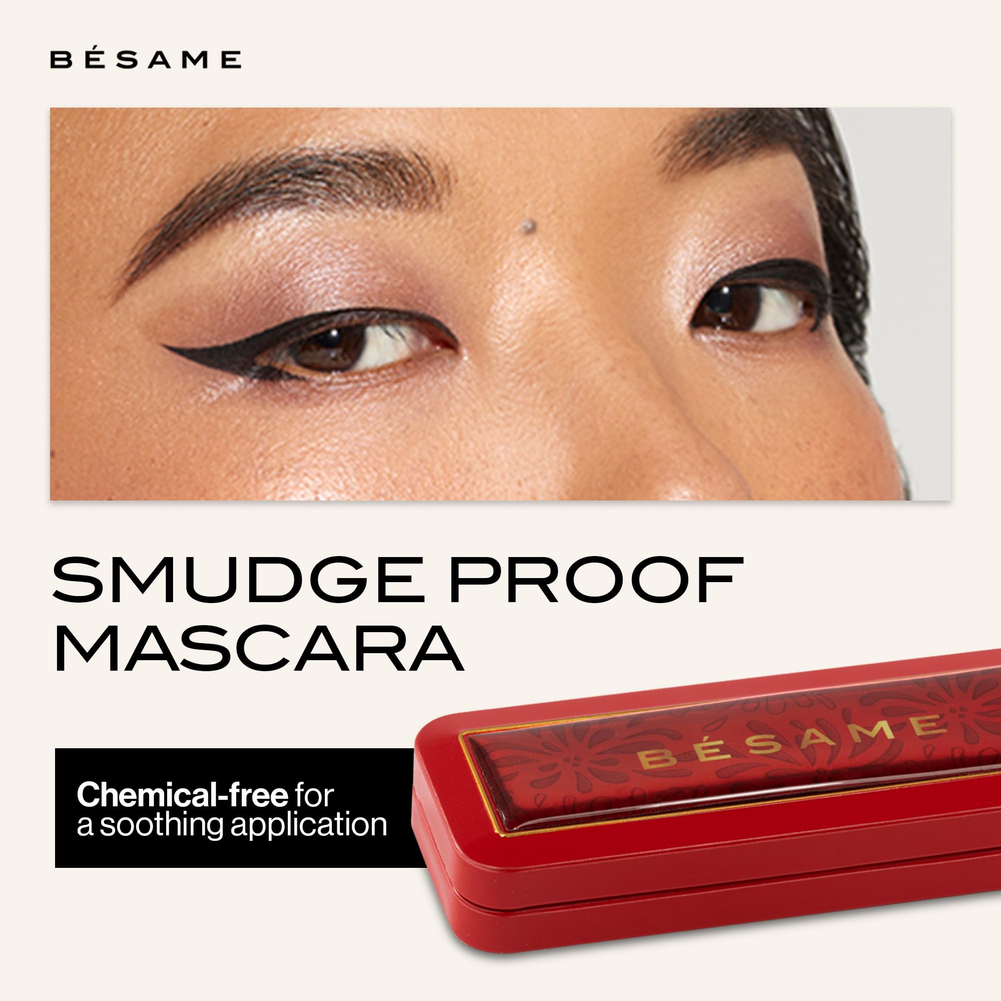 Besame Black Cake Mascara, Liquid Eyeliner & Brow Definer with Spoolie & Brush – Natural-Looking Lashes with Length & Definition, Water-Activated, No Harsh Chemicals, Vegan & Great for Sensitive Eyes