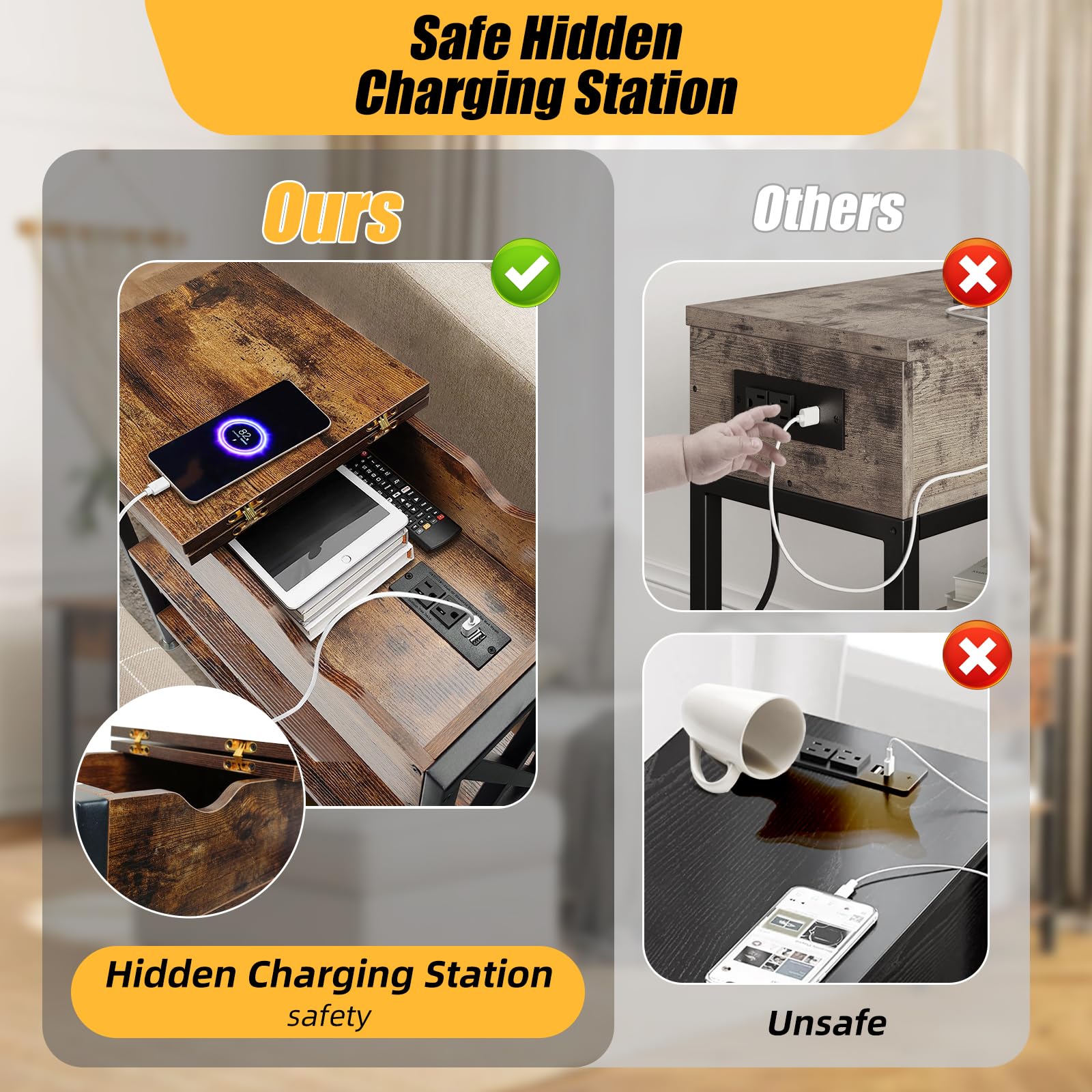Flip Top Side Table with Hidden Charging Station - 12"Dร21"Wร26"H Compact End Table for Small Spaces, with Storage and 2 Shelves, Metal and Wood End Tables for Living Room, Slim Sofa Side Tables,Brown