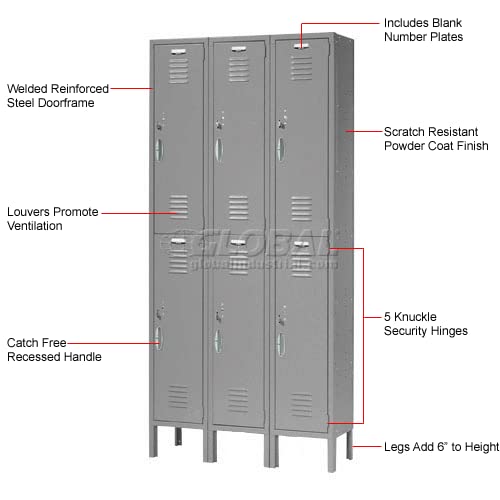 Global Industrial Double Tier Locker, 12x15x36, 6 Door Unassembled, Gray