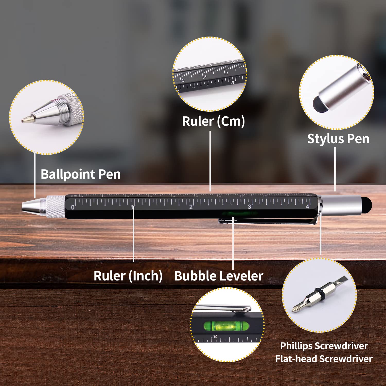 7 in 1 Multitool Pen, Multitool Tech Tool Pen for Men, Aluminum Construction Tools Gadget Stocking Stuffers Gifts for Dad Husband Father - Silver