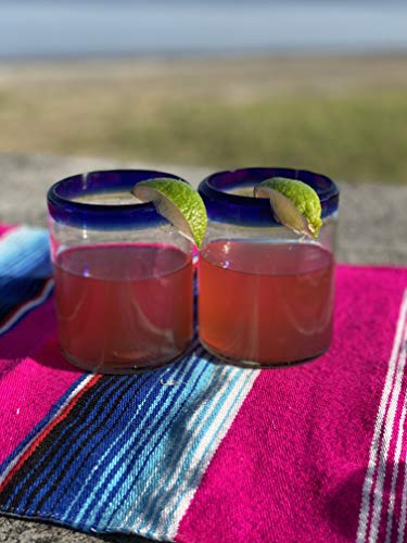 Hand Blown Mexican Drinking Glasses - Set of 6 Tumbler Glasses with Cobalt Blue Rims (10 oz each)
