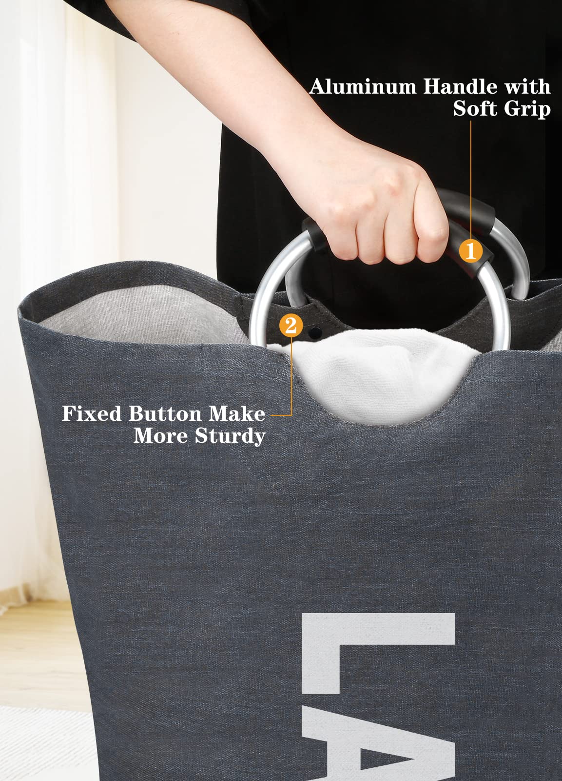 BlissTotes Large Laundry Basket Laundry Hamper Bag Washing Bin Clothes Bag Collapsible Tall With Handles Waterproof Travel Bathroom College Essentials Storage For College Dorm, Family (Grey, L)