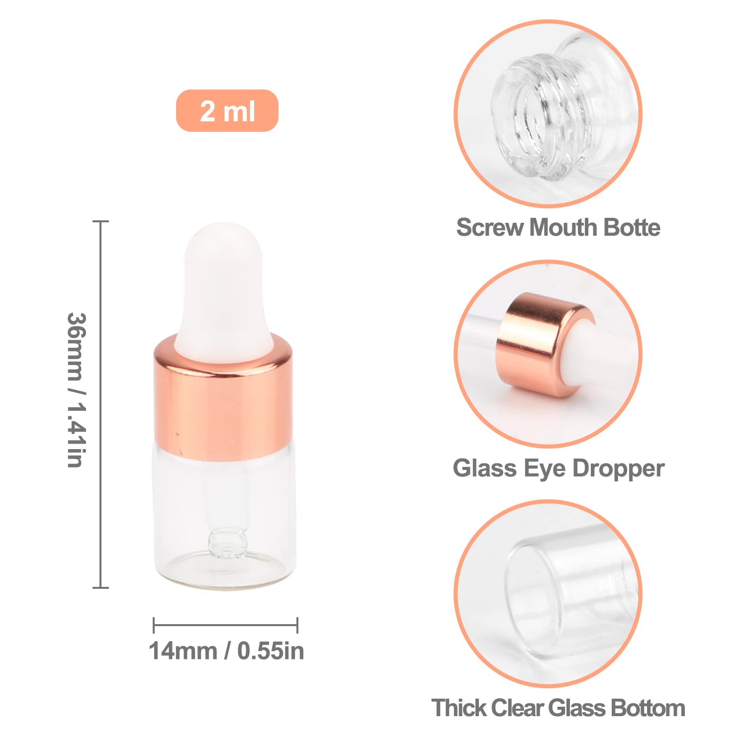 Clear Glass Dropper Bottles,50 Packs Essential Oils Bottles With Rose Gold Lids Perfume Sample Vials Travel DIY Cosmetic Liquid Containers 2 Pipettes Included (1ml(1/4 Dram))