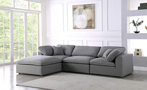 Meridian Furniture Serene Collection Modern | Contemporary Deluxe Comfort Modular Sectional, Soft Linen Textured Fabric, Down Cushions, 2 Corner + 1 Armless + 1 Ottoman, Grey
