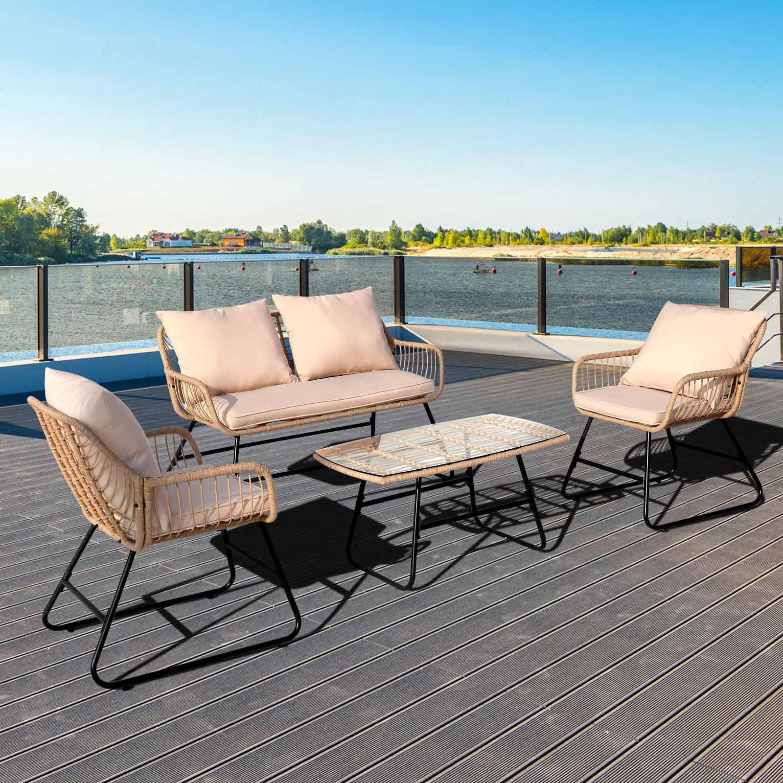 FKSLIFE Outdoor Wicker Patio Conversation Set, All-Weather Rattan Conversation Chairs for Backyard, Balcony, Deck ,Porch ,with Soft Cushions (Beige+Beige, 4-Piece Set)