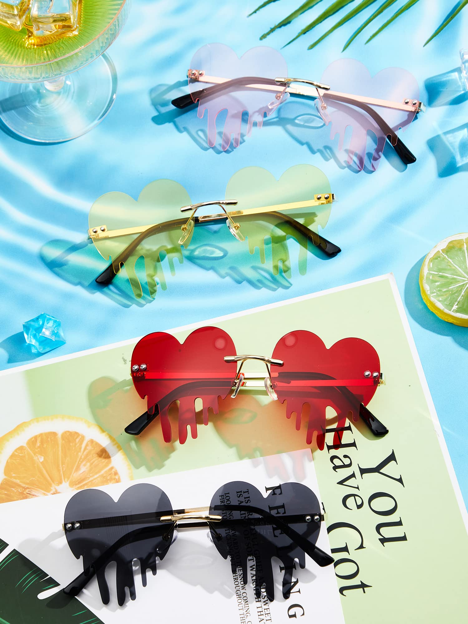 7 Pairs Melting Heart Sunglasses for Men Women Heart Drip Tears Flame Colorful Sunglasses Rimless Wave Eyewear (Fresh Colors)