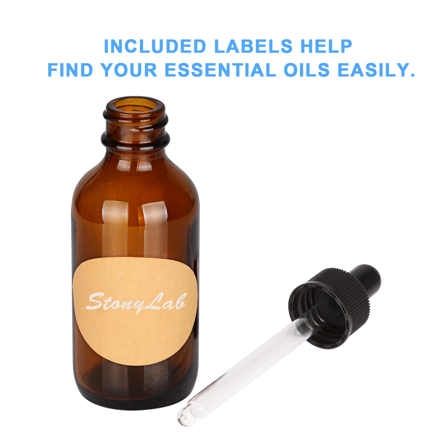 stonylab Amber Glass Dropper Bottle 60ml (2 oz) 4 Pack, Brown Empty Glass Bottle with Glass Dropper and Label for Essential Oils Aromatherapy Fragrances