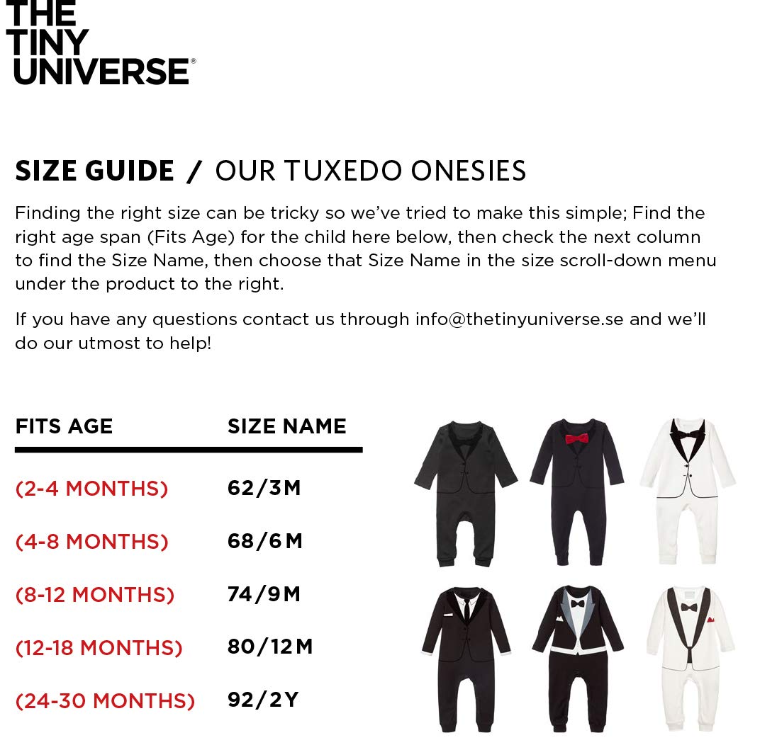 The Tiny Universe Tuxedo Onesie Classic for Baby Boys, Body Suit, Jumpsuit Gentleman Wedding Outfit - Original Swedish Design (Classic Black, 68 / 6M)