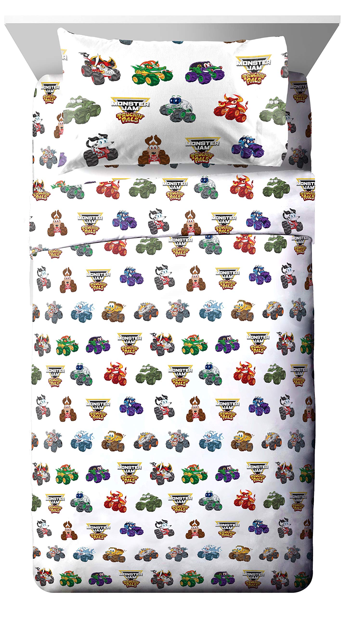 Jay Franco Monster Jam Truckin' Pals 4 Piece Toddler Bed Set - Includes Comforter & Sheet Set - Bedding Features Grave Digger & Megalodon - Super Soft Fade Resistant Microfiber