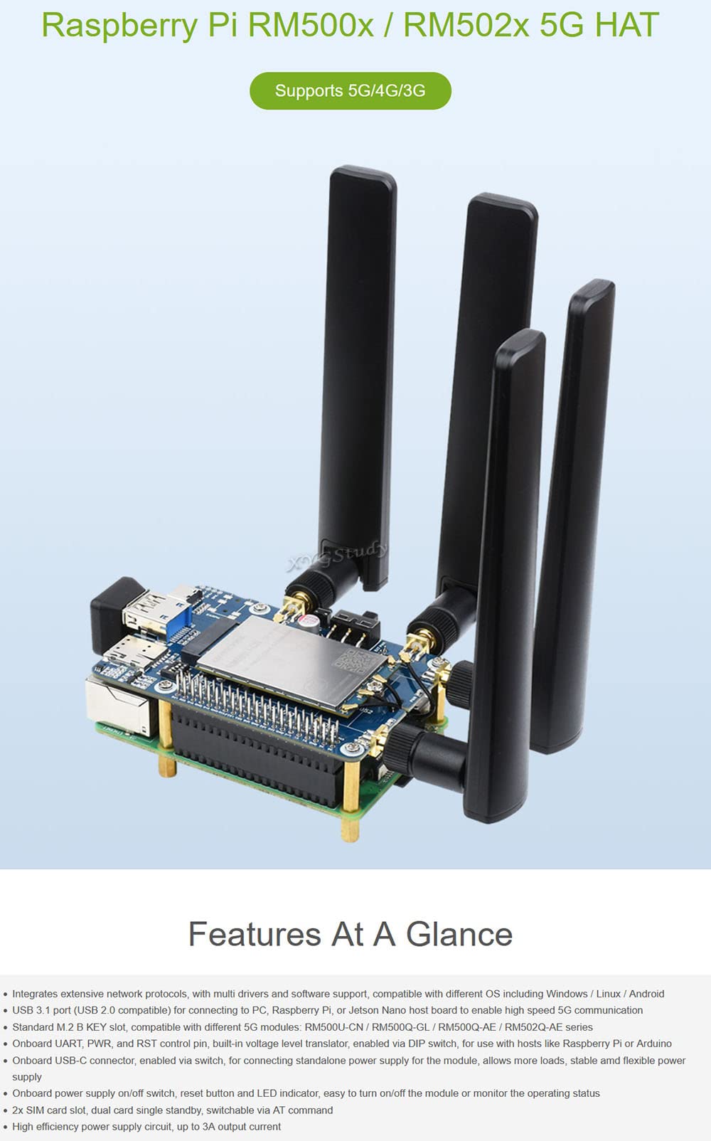 5G/4G/3G RM502Q-AE 5G HAT for Raspberry Pi with Quad Antennas LTE-A and Multi Band @XYGStudy (RM502Q-AE 5G HAT)
