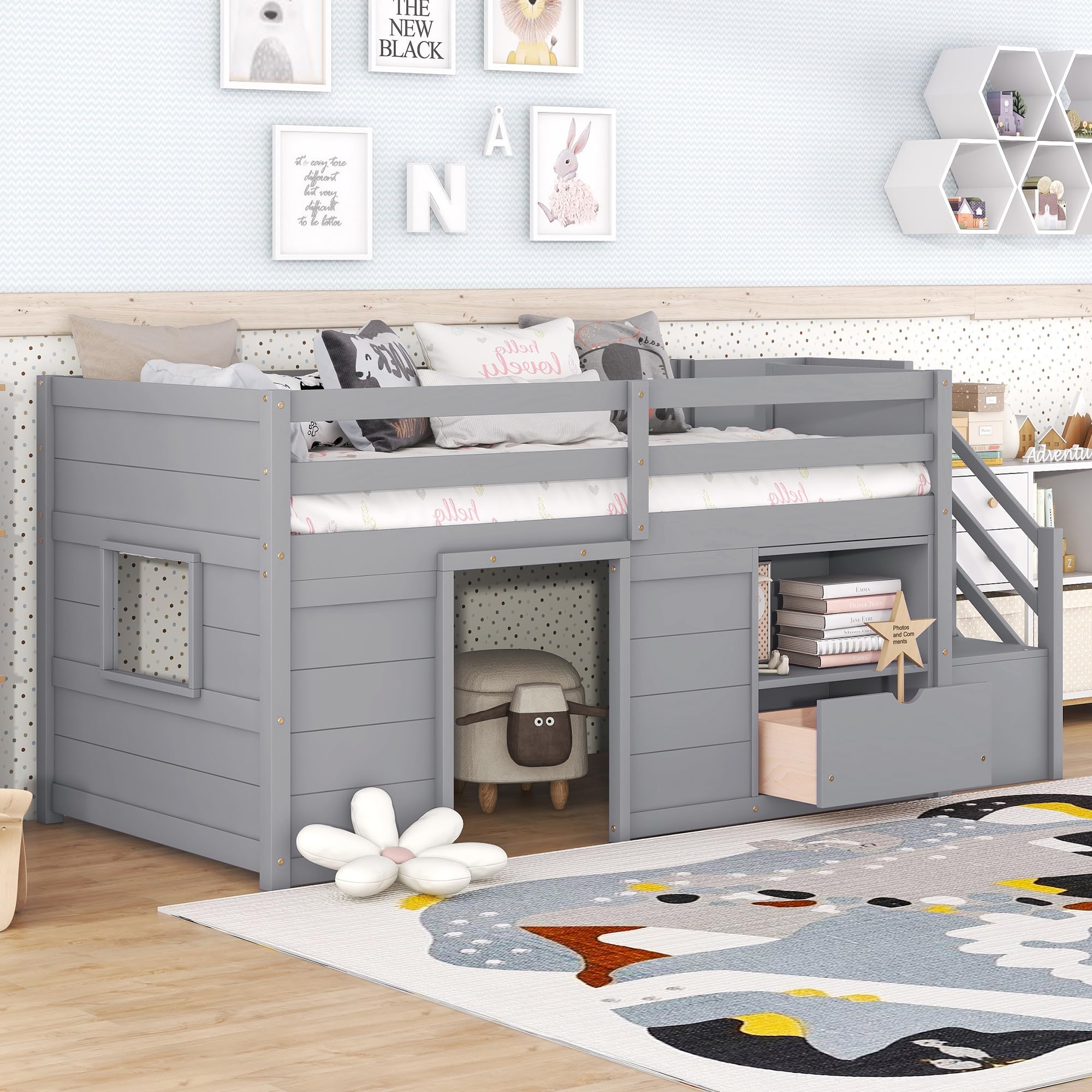 DEYOBED Twin Size Low Loft Bed with Play Space, Functional Solid Wood Bed Frame with Stair, Drawer and Shelf for Kids Girls Boys, Gray