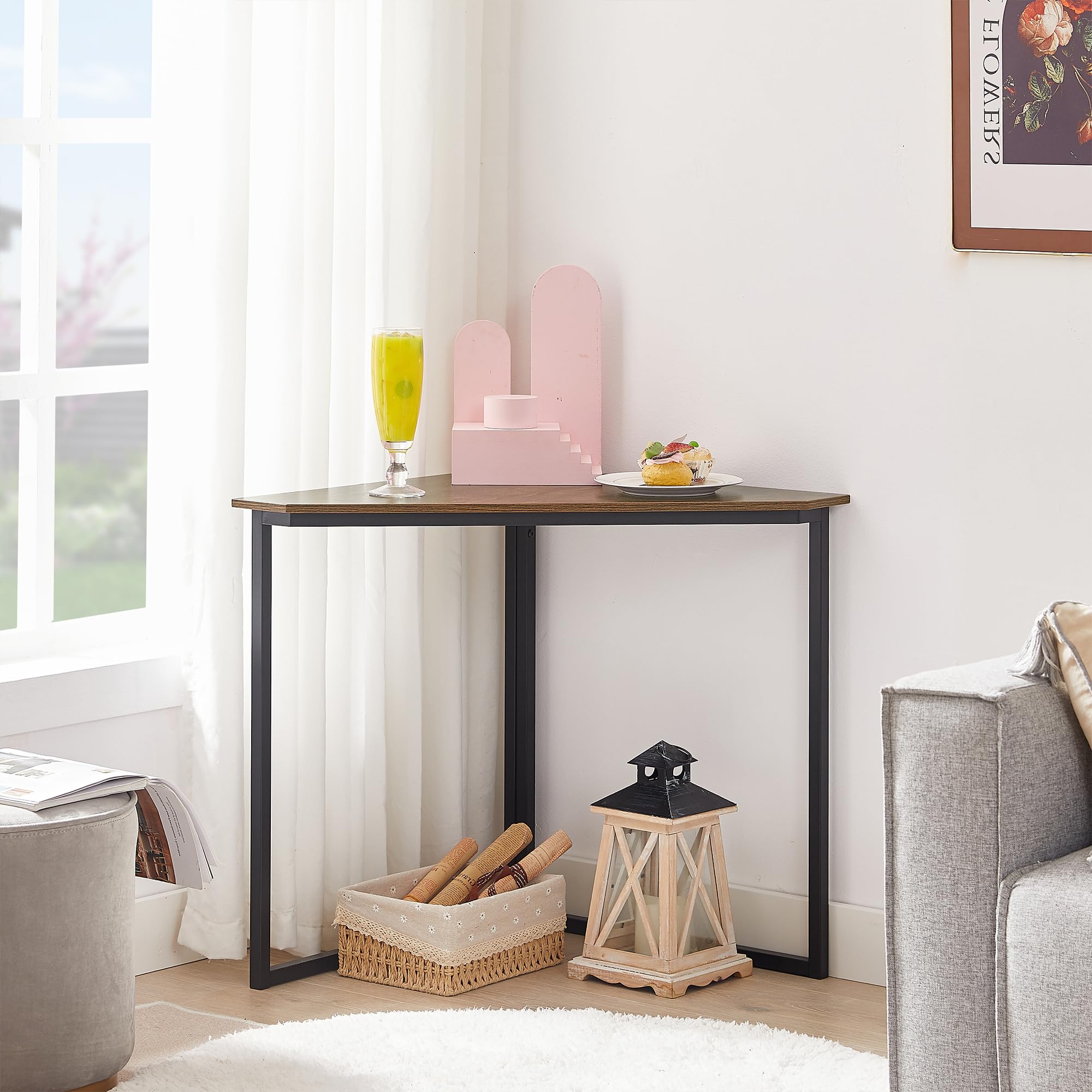 VECELO Corner Shelf, End/Side Tables Triangle Shelves with Metal Frame for Small Space, Living Room, Kitchen, Bathroom, 33.1", Brown