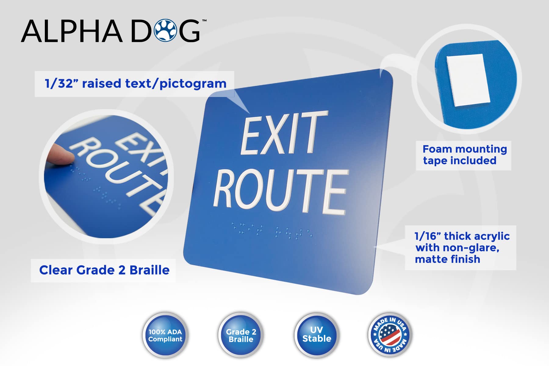 ALPHA DOG ADA SIGNS - Exit Route Sign with Braille for Your Business, 5x6 Inch, ADA Compliant, Indoor or Outdoor, Easy Installation, Made in the USA, Blue