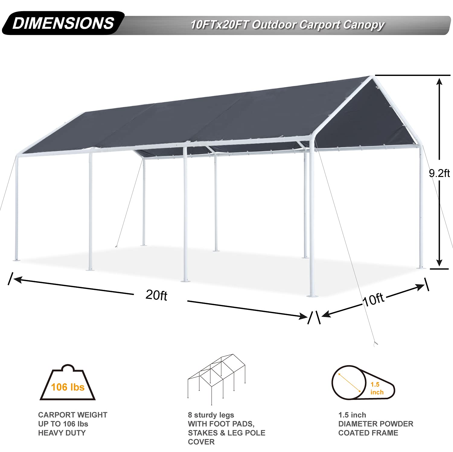 ABCCANOPY 10x20 FT Carport Garage Car Boat Shelter Party Tent, Gray