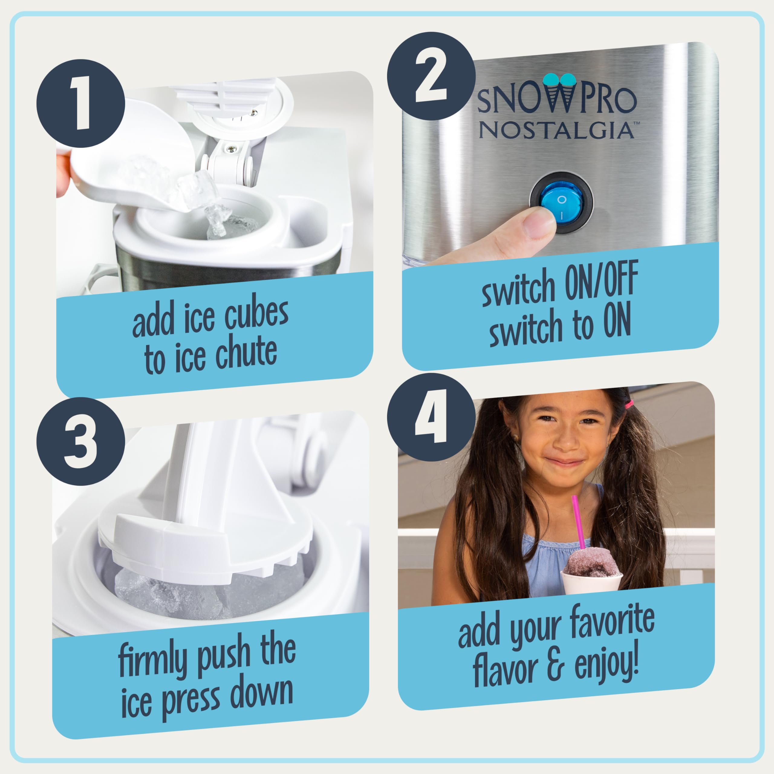 Nostalgia SnowPro Electric Shaved Ice & Snow Cone Maker 64-Ounce Ice Shaving Capacity, 4 Reusable Cones, Side Shelves, and Scoop Included