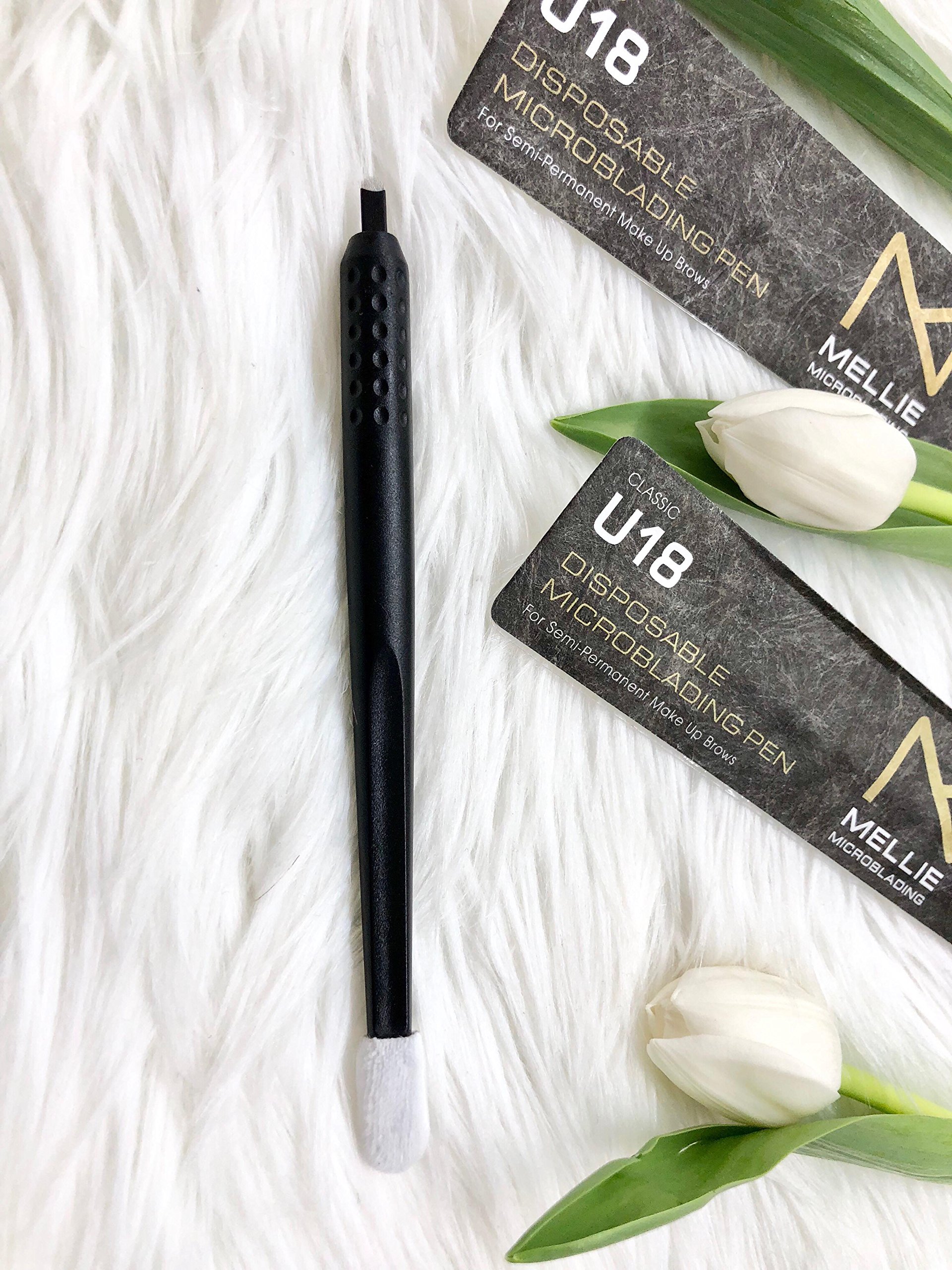 PACK OF 10 - Mellie Microblading Disposable Microblading Pen with Pigment Sponge Disposable Tool For Creating Eyebrows Microblading Supplies (Black, U18 .18mm)