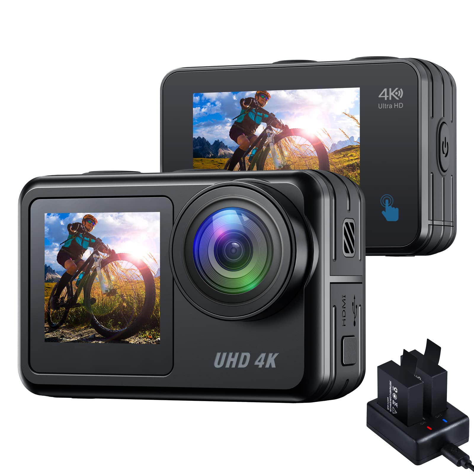 4K 20MP Action Camera Dual Screen 40M Waterproof Underwater Camera, WiFi Sports Camera, PC Webcam with EIS Remote Control, Charger and 2X 1350 Batteries
