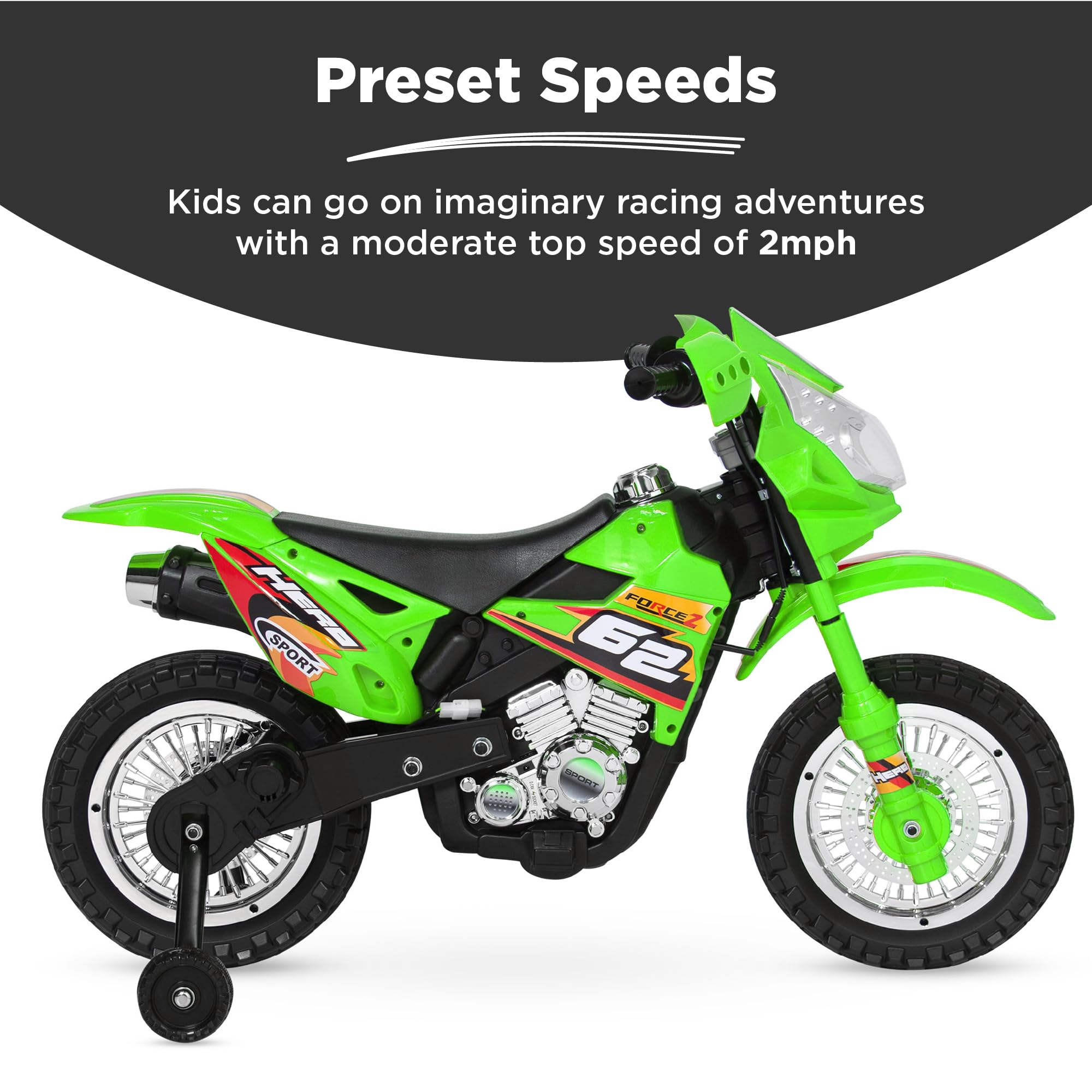 Best Choice Products Kids 6V Ride On Motorcycle w/Treaded Tires, Working Headlights, 2mph Top Speed, Training Wheels, Realistic Sounds, Music, Battery Charger - Green