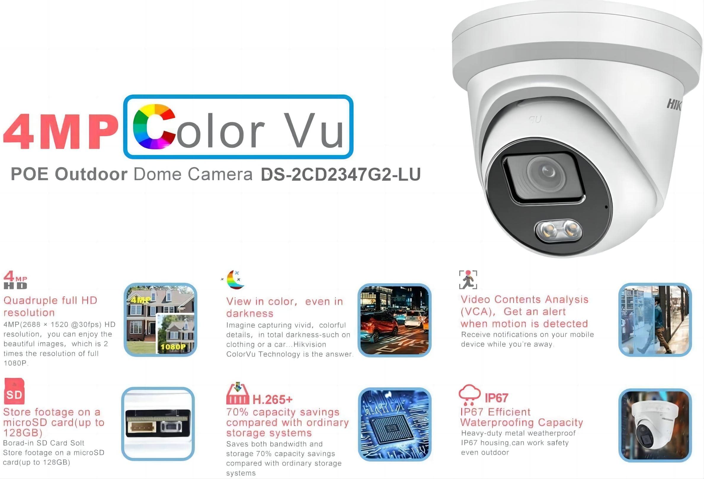 Ⲏіkvіsіon IP Camera AcuSense DS-2CD2347G2-LU 4MP PoE IP Turret Dome Camera, 247 Full Color 2.8mm Fixed Lens Outdoor Rated, IP67, H.265+ Built in Microphone, English Version Human Vehicle Detection
