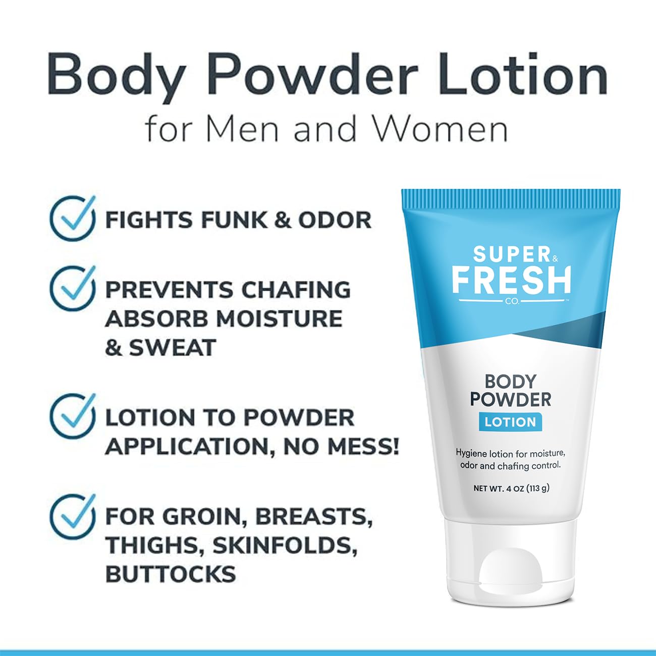 SweatBlock Super Fresh Body Powder Lotion Talc Free, Anti-Chafing, Deodorizing, Natural Ingredients - No Mess Body Powder Lotion for Men and Women - 4 fl oz.