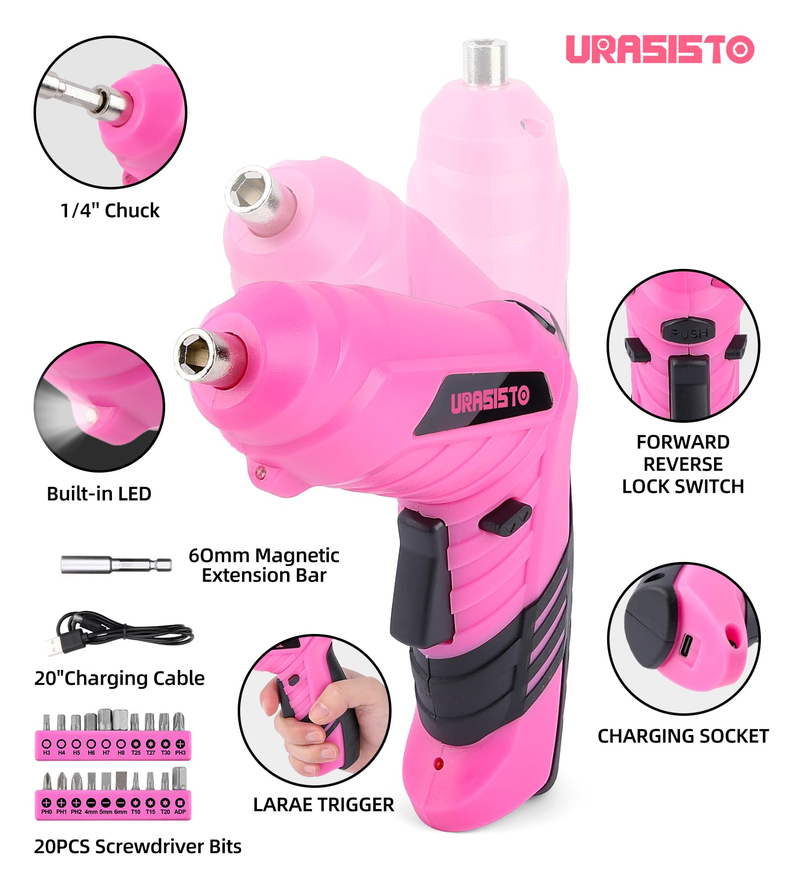 URASISTO Pink Household Tool Set with 3.6V USB Electric Screwdriver, 136 PCS Home Tool Kit with Cordless Lithium-ion Drill Driver, Hand Tool Kits for Women