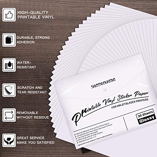 JANDJPACKAGING Printable Vinyl for Inkjet & Laser Printer - 30 Pack Printable Vinyl Sticker Paper Glossy White - Standard Letter Size 8.5"x11"