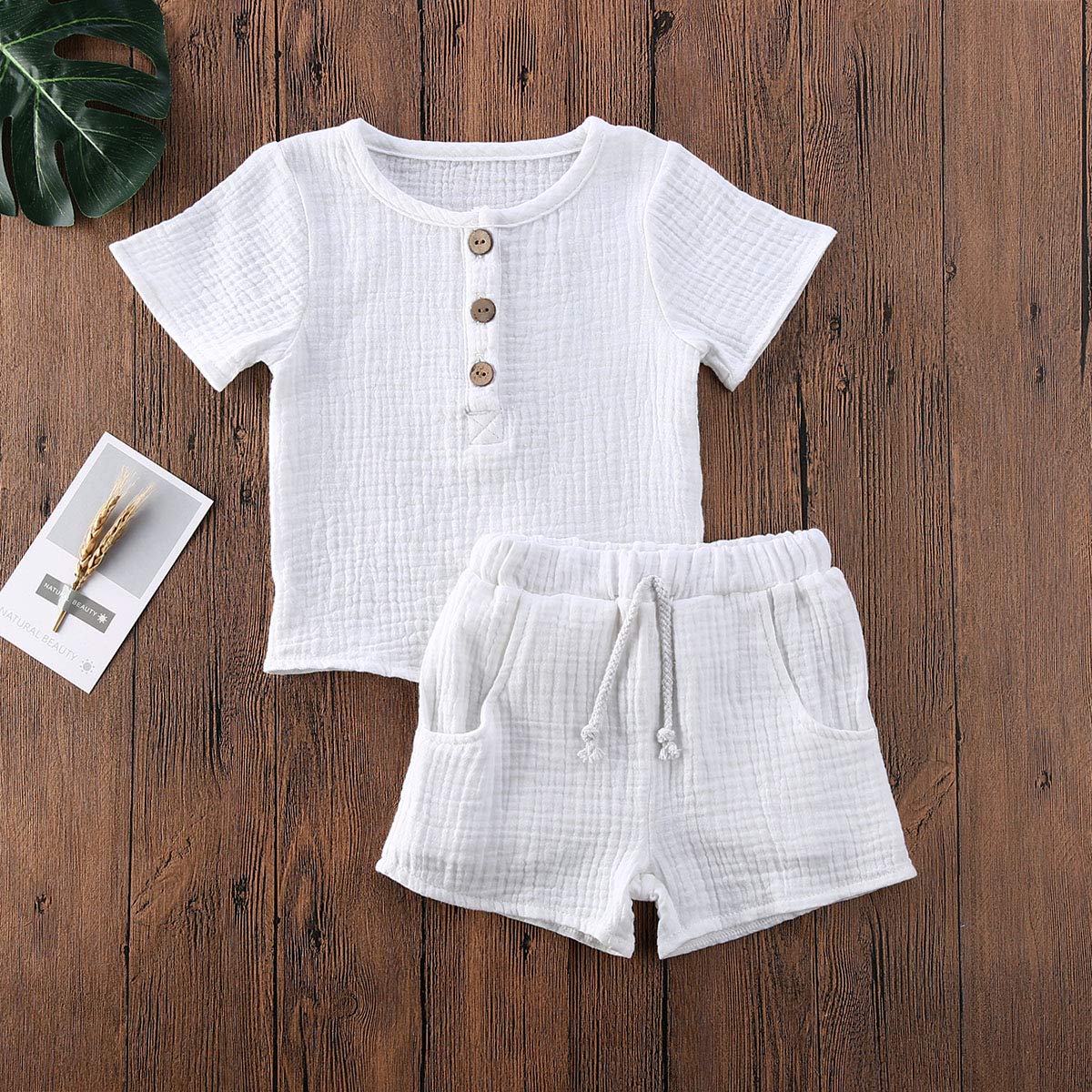 GOOCHEER Toddler Baby Boy Girl Clothes Solid Linen Short Sleeve T-Shirt Tops Shorts Pants Unisex 2Pcs Summer Outfits Set (A-White, 2-3T)