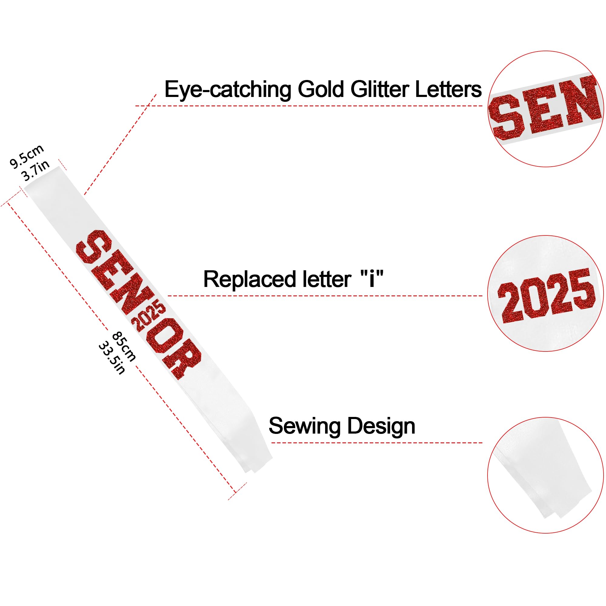 6Pcs White Senior 2025 Satin Sashes with Red Glitter Letters- 2025 Graduation Celebrations Sashes - Senior Cheer Sash - Cheerleader Sash - Class Competition Sashes